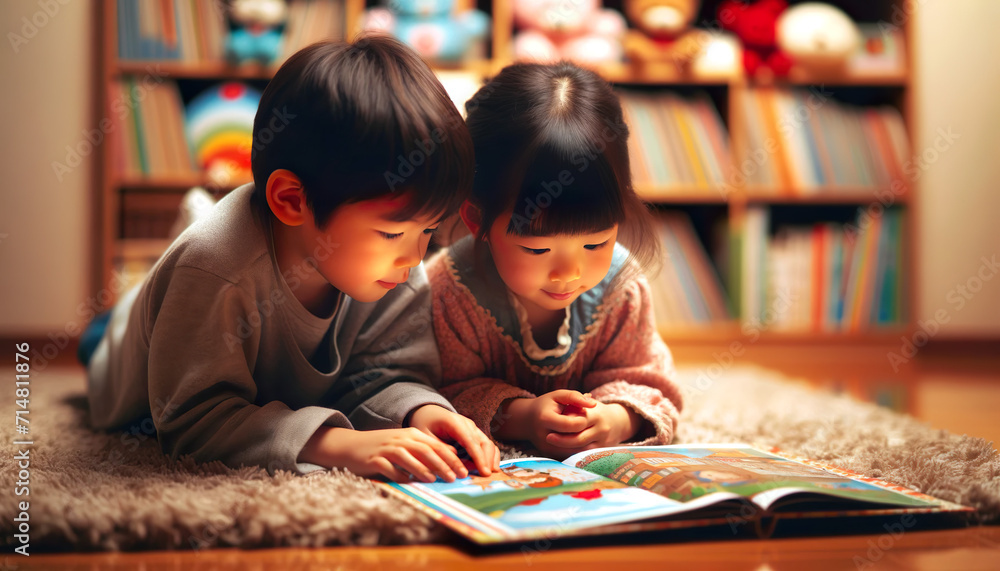 Japanese brother and sister reading picture books together. Reading ...