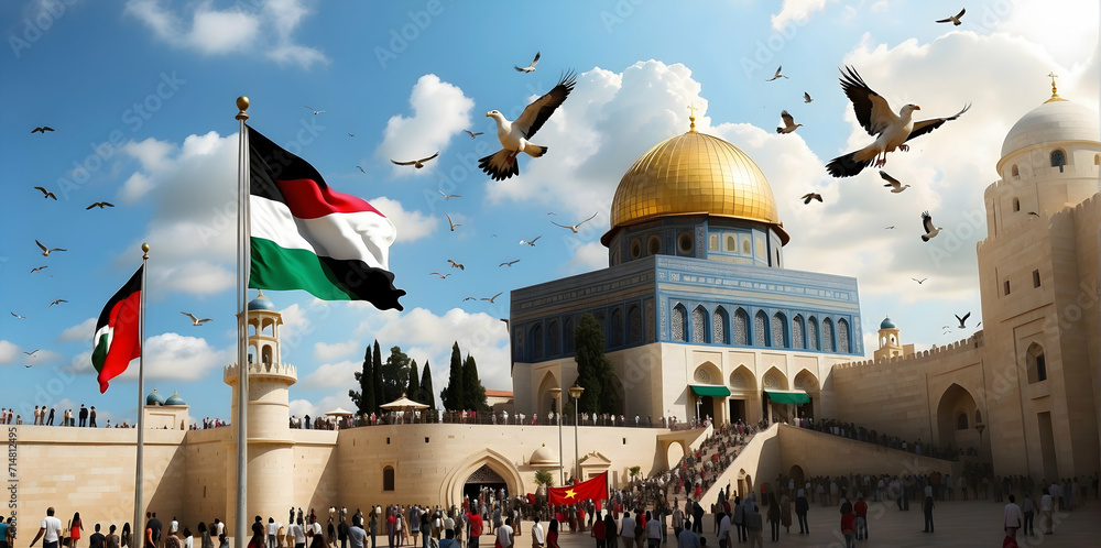 Palestine Living peacefully at AL Aqsa, cinematic , Palestines flag at ...