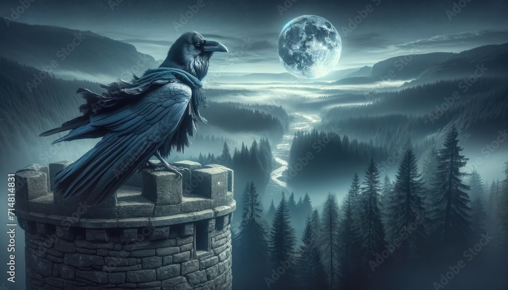 A stately raven perches on a stone tower, gazing out over a fog ...