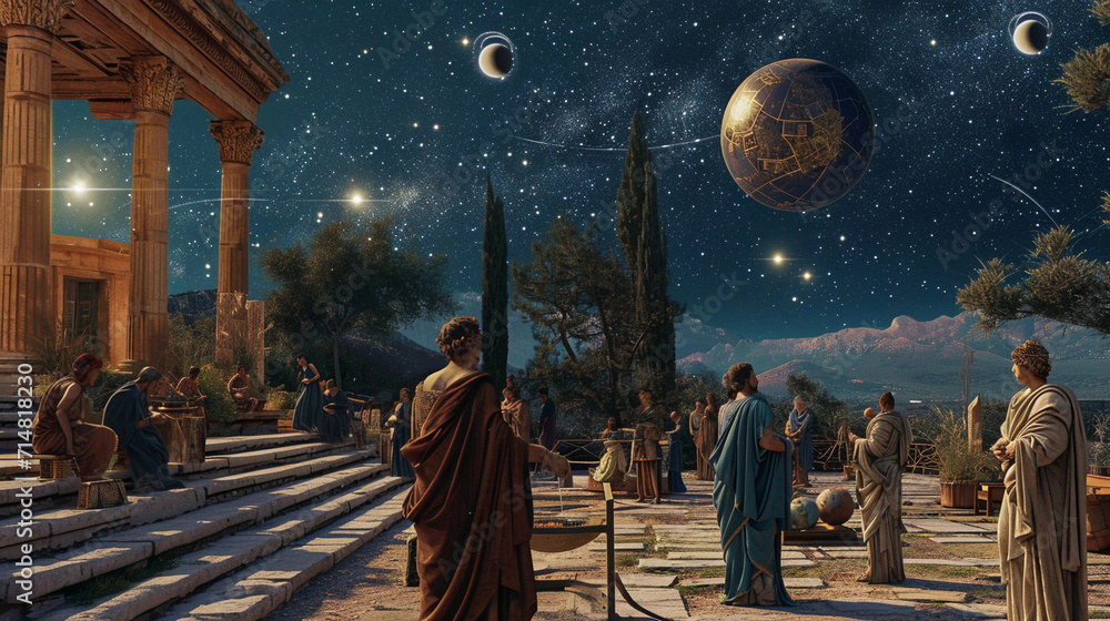 ancient Greek observatory, with philosophers and astronomers gathered ...