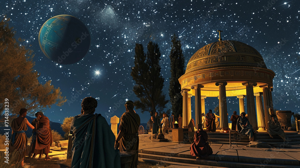 ancient Greek observatory, with philosophers and astronomers gathered ...