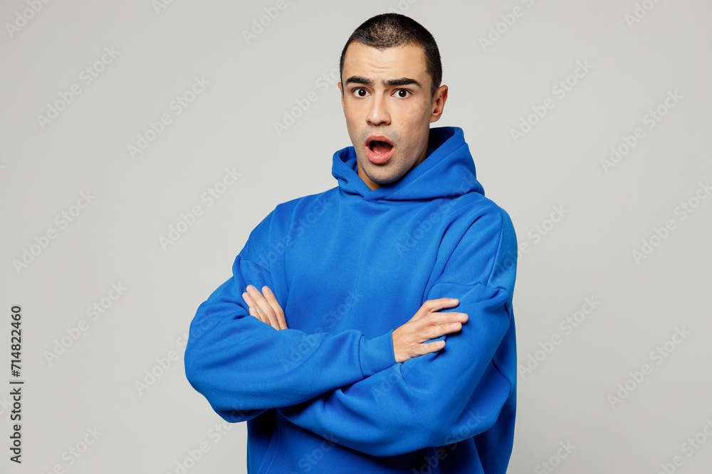 Side view young sad frowning sad middle eastern man he wear blue hoody ...