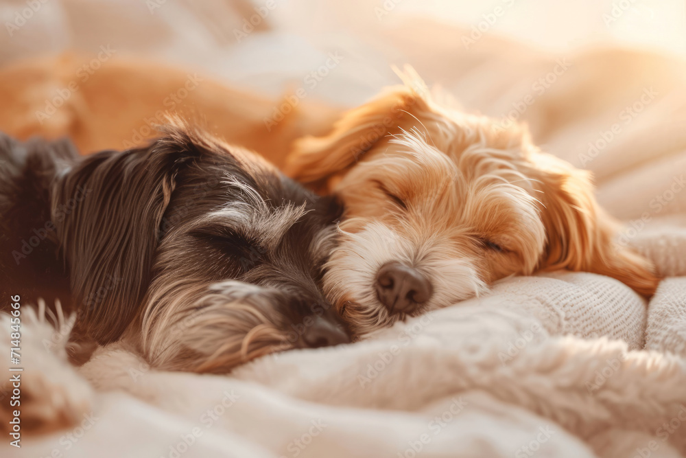 Two dogs snuggling together. Two adorable puppies sleeping together ...