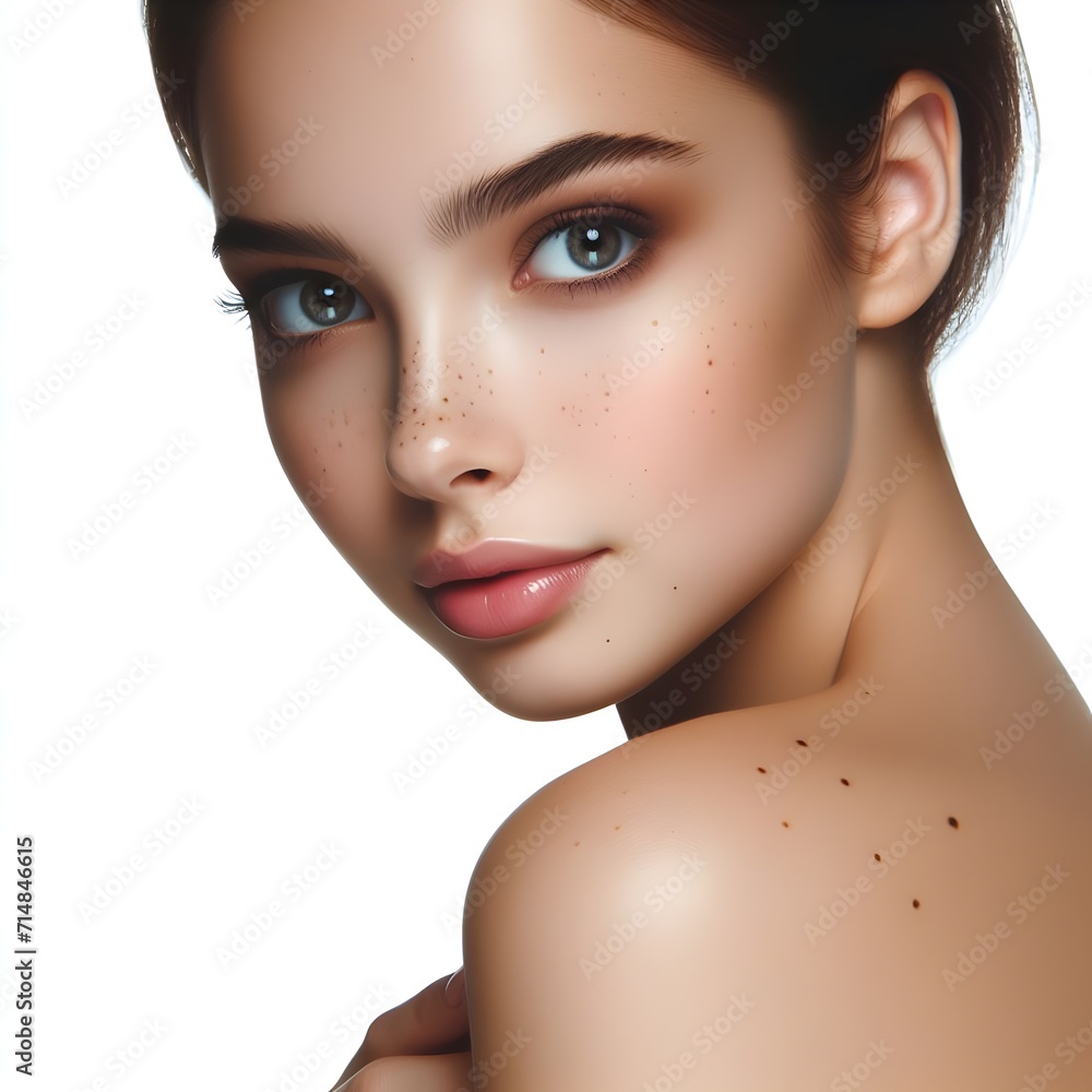 Beautiful young woman with some moles on the skin of her face and ...