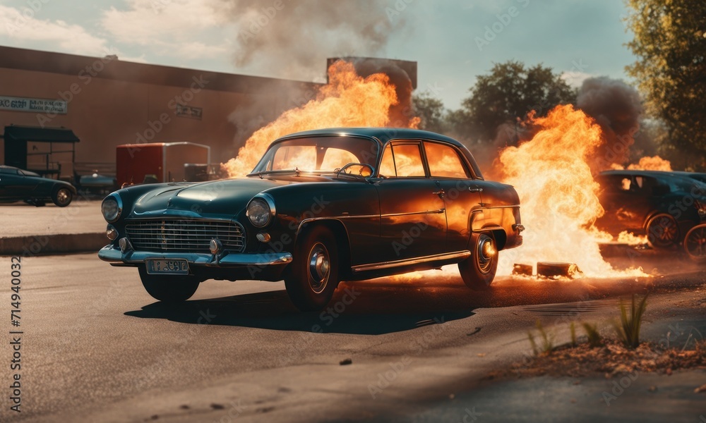 Burning car. Fire of a passenger car in a city parking lot. Fire in the ...