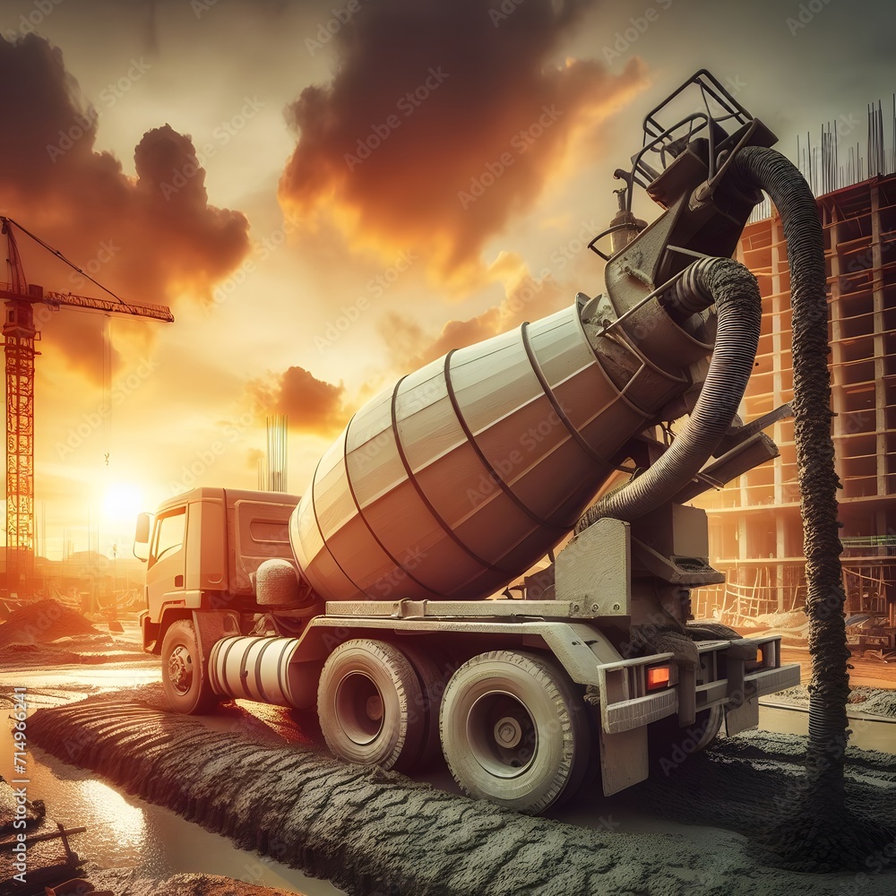 Concrete pouring at construction site. The concrete is flowing down the ...