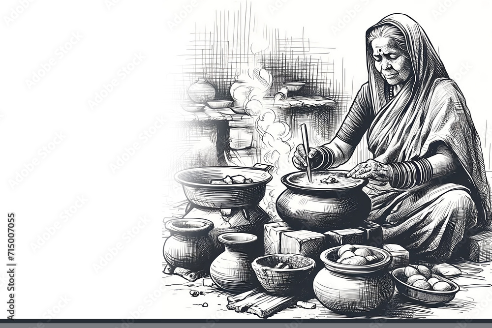 Sketech drwing of Indian Village Woman Baking Chapati on Wood Fire ...