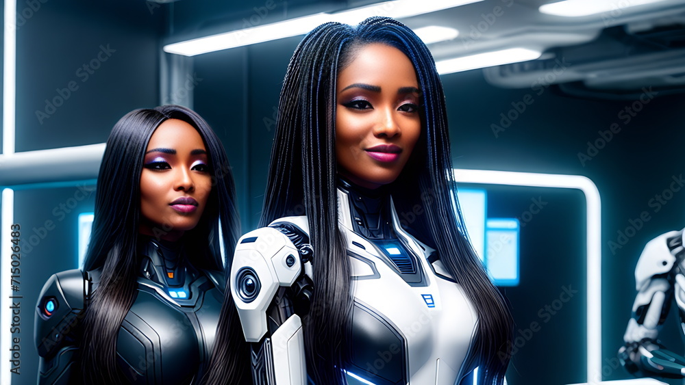 2 dark-skinned girls walk one after another in technologically advanced ...
