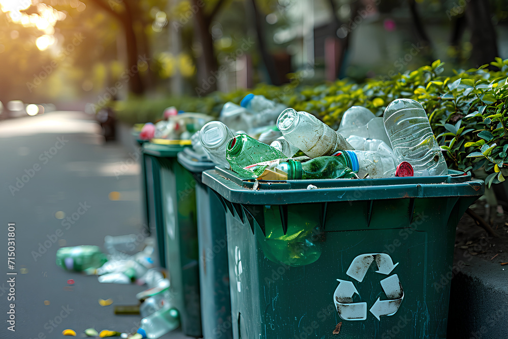 Garbage containers full of trash. Green plastic rubbish bin Stock Photo ...