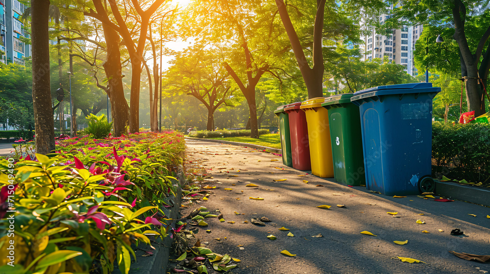 Assorted colorful recycle bins on a pathway in an urban park ...