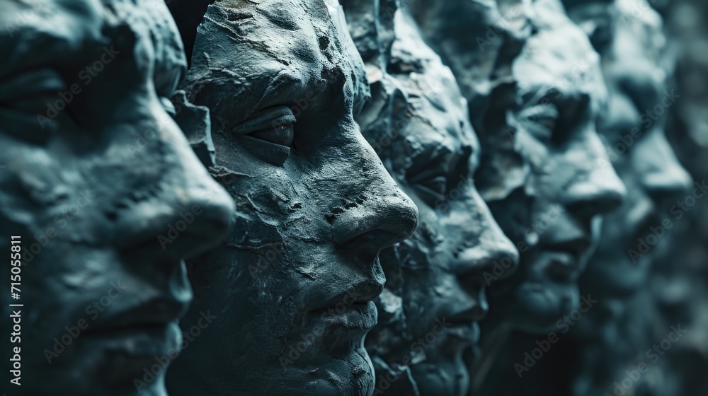 A close-up view of a statue depicting a group of people. This image can ...