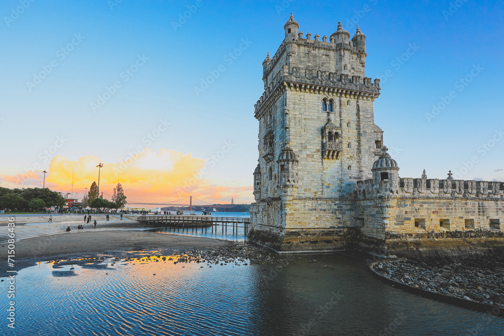 Belem Tower is a medieval castle fortification on the Tagus river ...