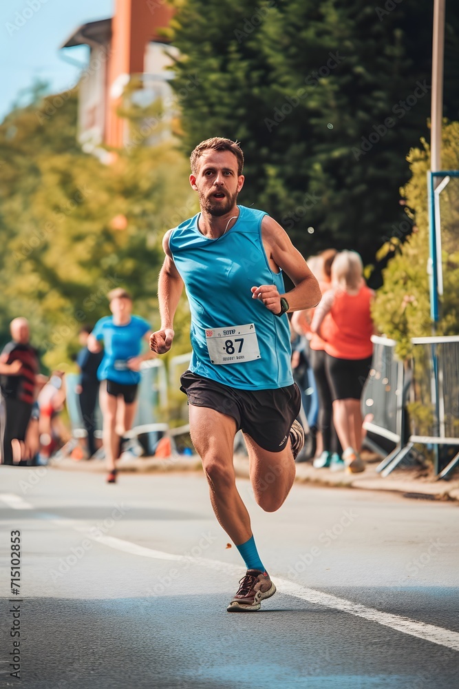 Foto man runs in blue shirt running. man running in a running race ...