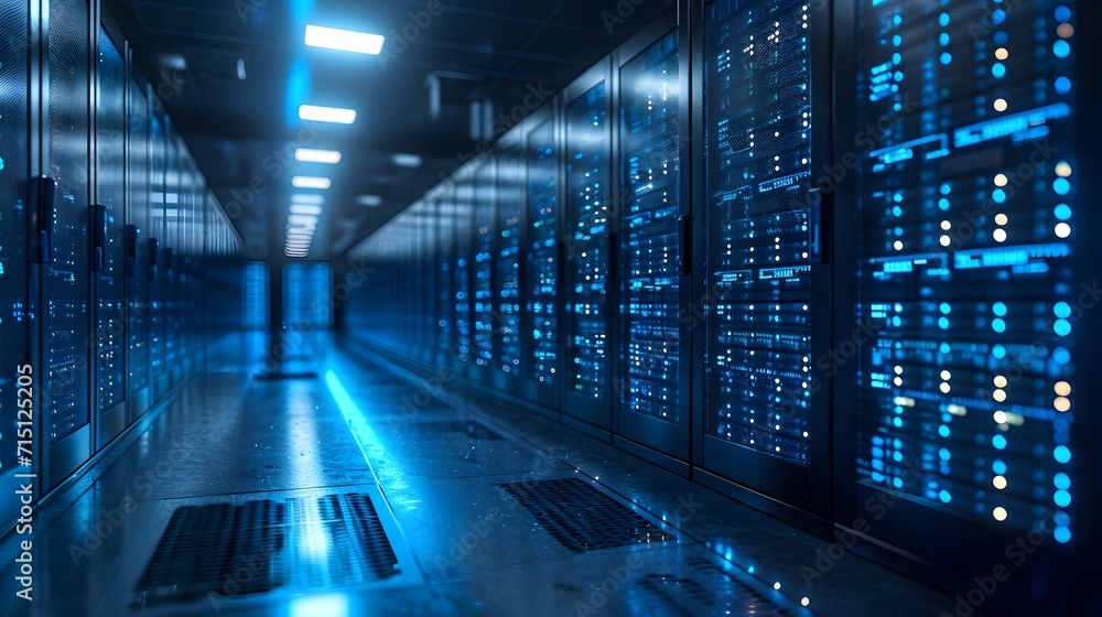 data center with colored lights on the floor server room. light tunnel ...