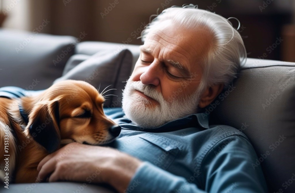 Old man asleep with his sleeping small dog on his breast on couch at ...