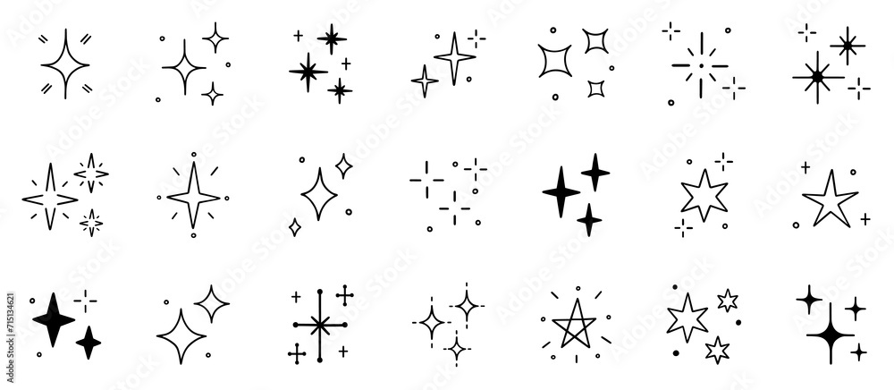 Stars and sparkles doodle set. Twinkle, blink, firework, glitter ...
