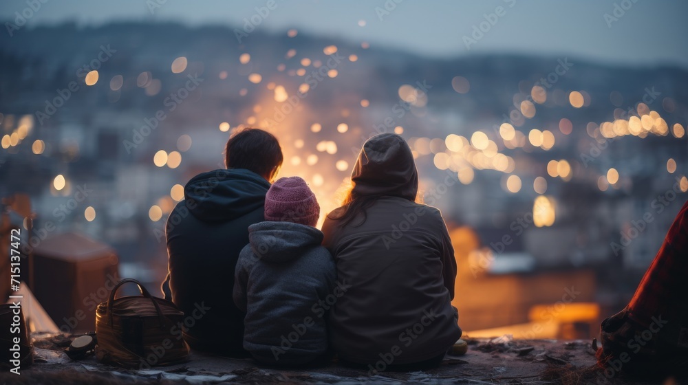 Homeless family, back view, sitting warming on small fire. Blurred town ...
