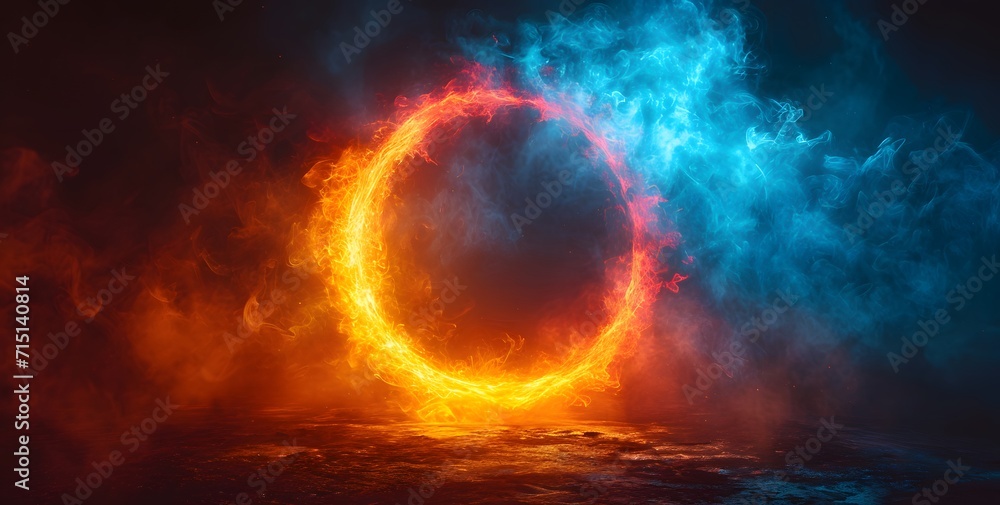 red blue and light blue ring of light on a black background. explosion ...