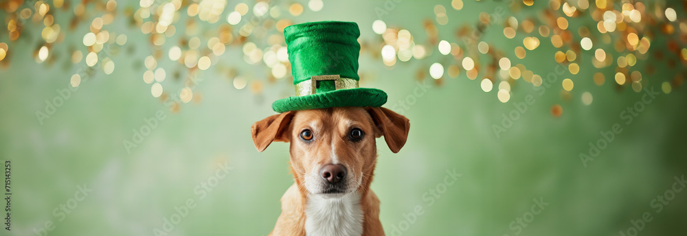 cute ginger dog wearing green leprechaun hat isolated on light green ...