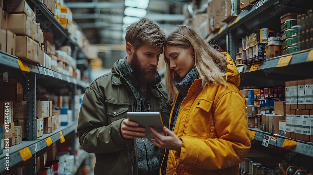 two people near racks with boxes and a touchscreen. person using a ...