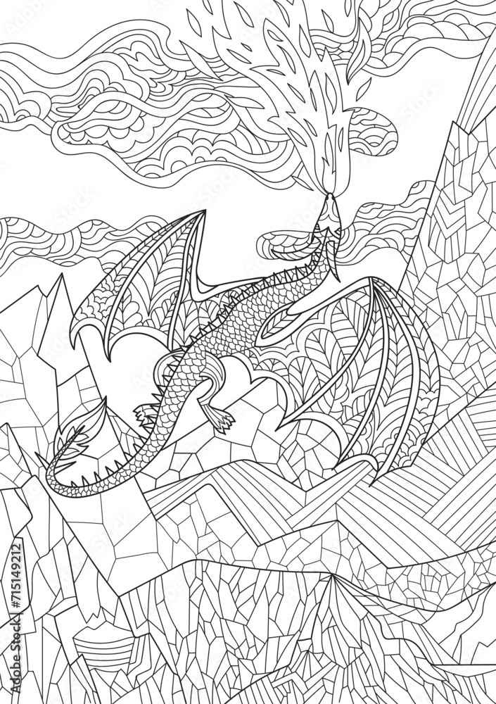coloring book page for adults and children. Fantasy dragon with wings ...