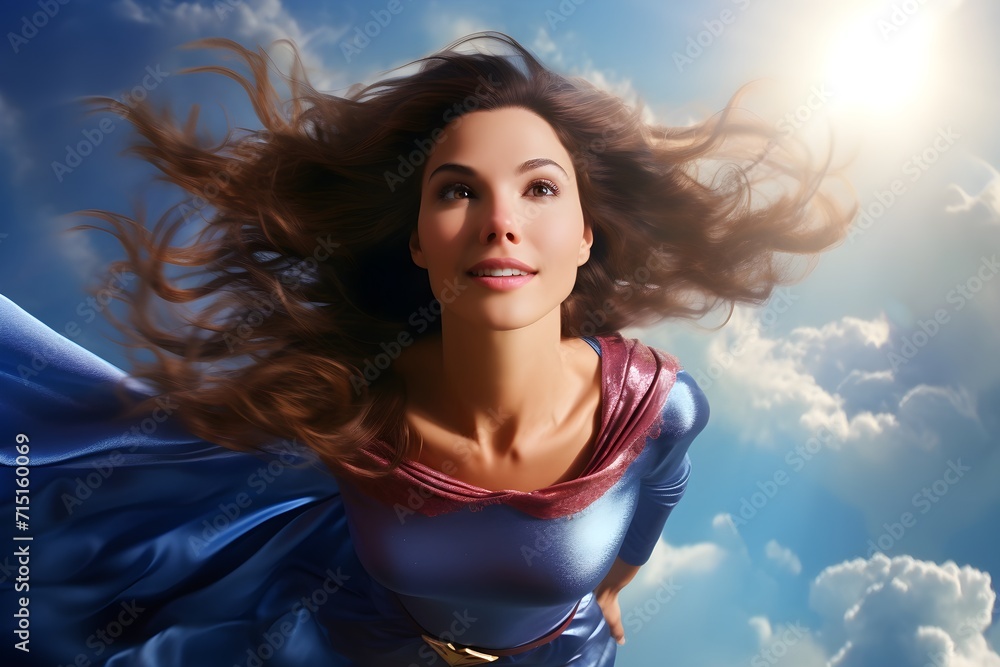 Young powerful woman in a hero cape flying through air in superhero ...