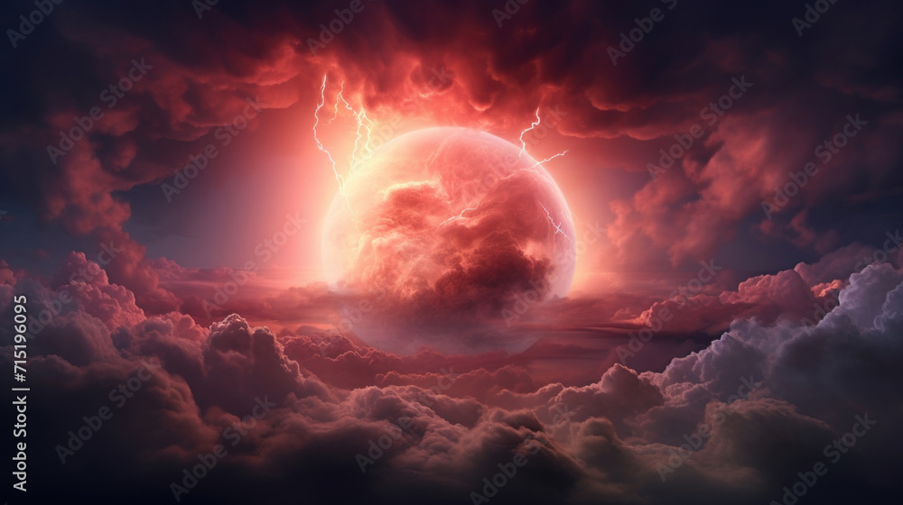 Surreal cosmic event depicting a red planet with dramatic lightning ...
