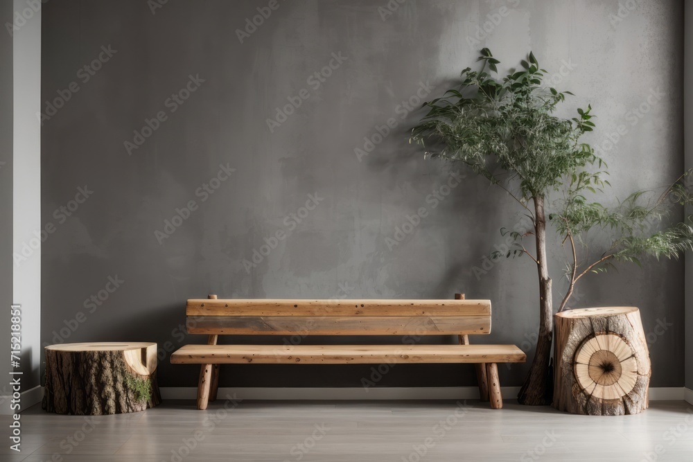 Farmhouse interior home design of living room with tree logs wooden ...