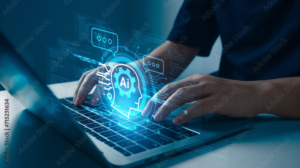 Businessman using laptop and smartphone chat with AI to connecting ...