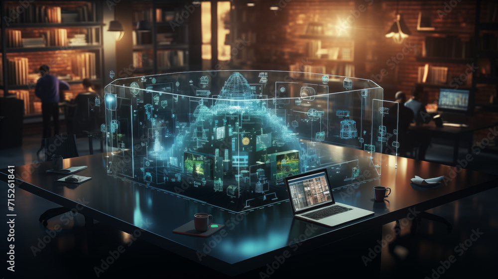 Interactive smart city projection over a meeting table in a modern ...
