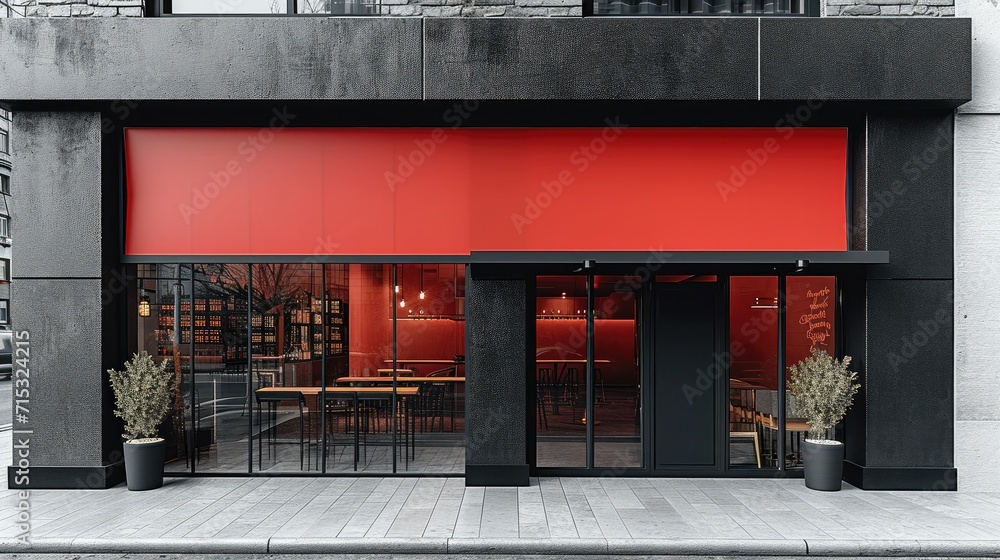Mockup, red wide signspace under the enter to cafe, minimalist design ...