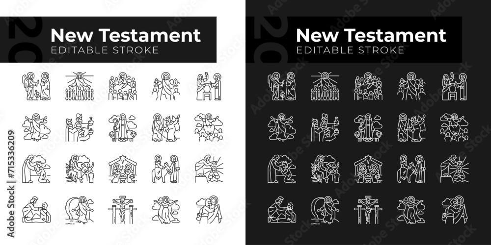 New testament linear icons set for dark, light mode. Life of Jesus ...