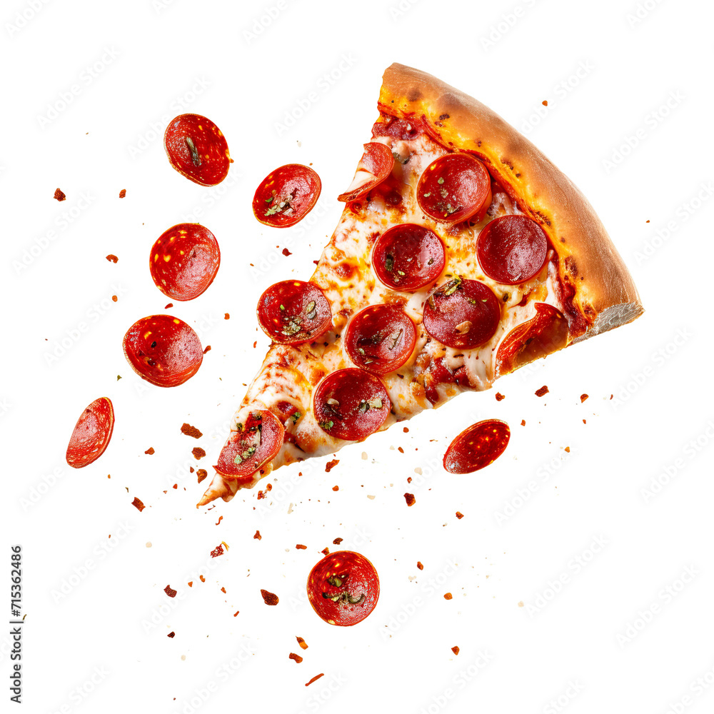Flying slice of Pepperoni Pizza flying falling isolated on white ...