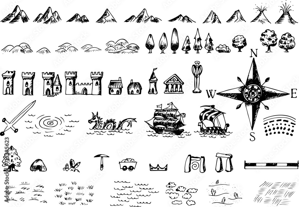 Fantasy map symbols for adventure cartography - hand drawn vector map ...