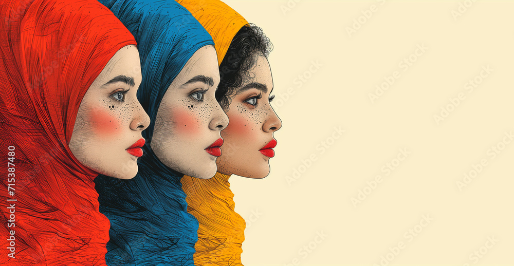 Illustration of Muslim women Wearing colorful Hijabs on beige ...