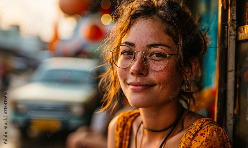 Cheerful young woman experiencing the vibrant street life of a bustling ...