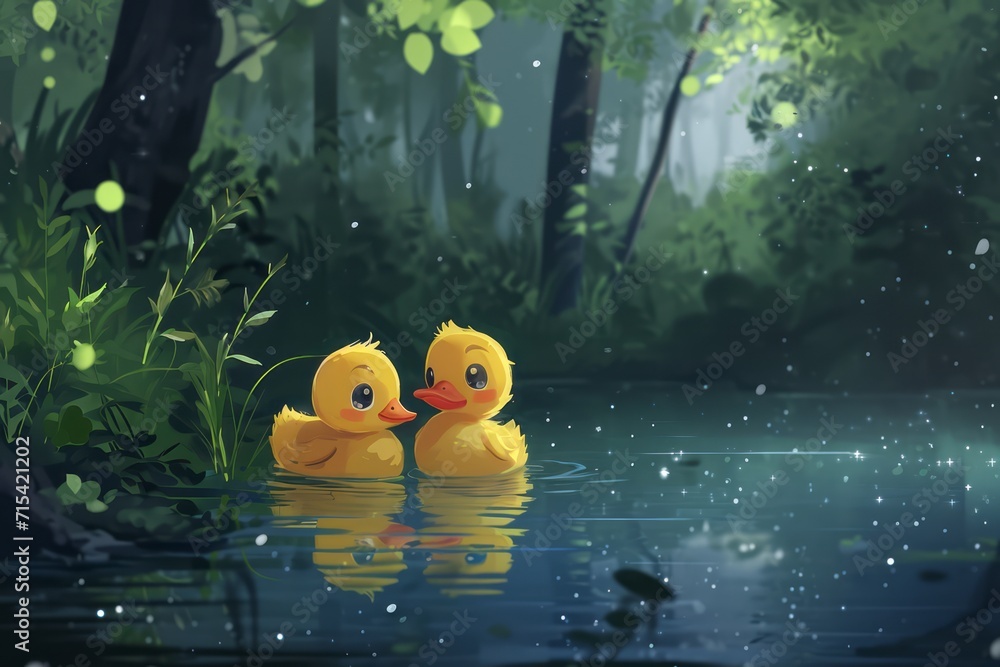 anime style a few super cute little yellow ducks hiding in forest lake ...