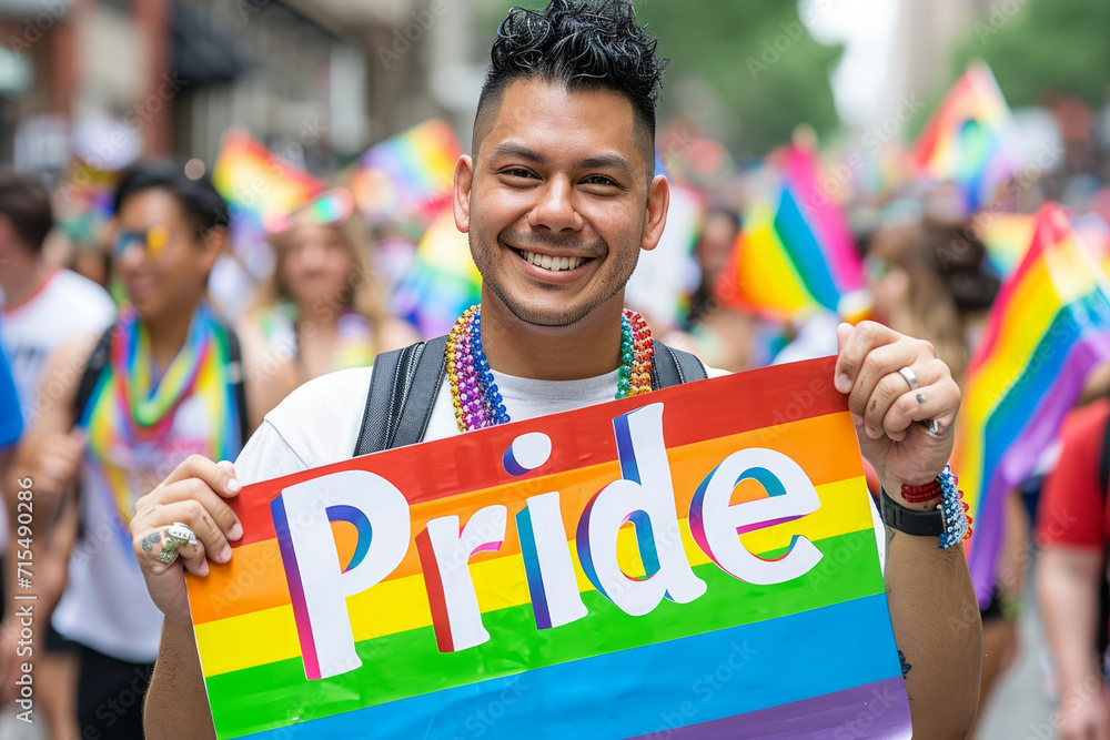 Happy gay man at a pride march holding a rainbow colored sign with ...