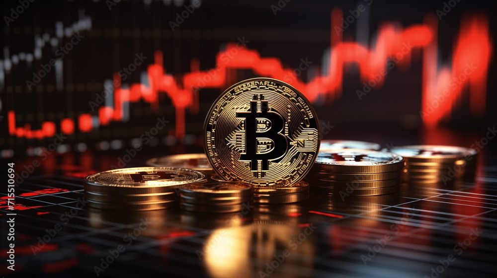3D gold Bitcoin on price candlestick chart background. Market crash, Dropping down. Price Value ...