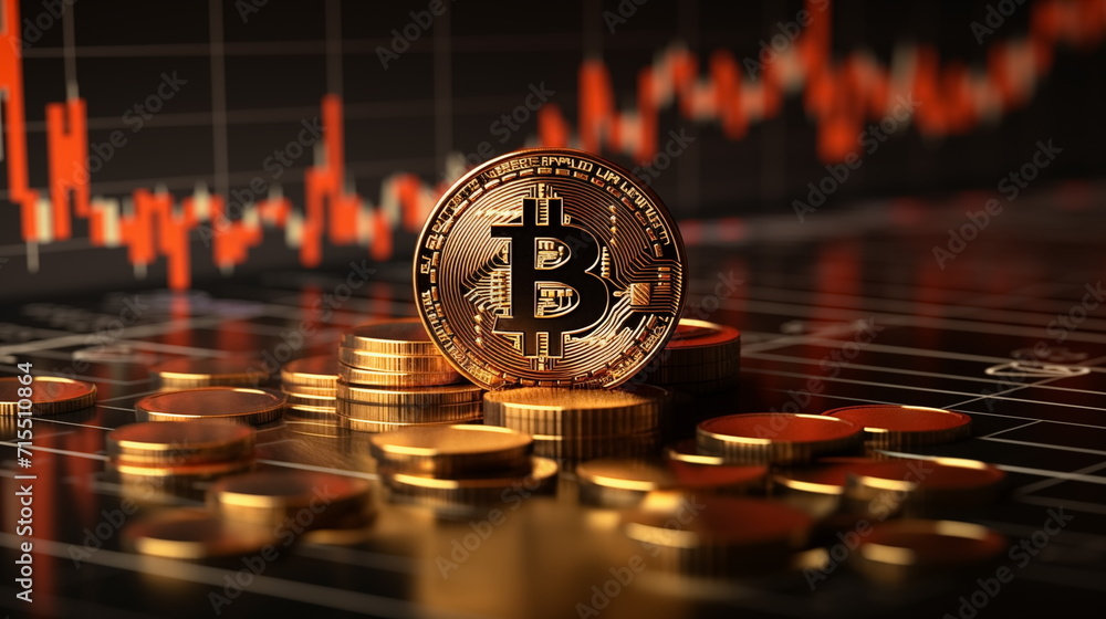 3D gold Bitcoin on price candlestick chart background. Market crash, Dropping down. Price Value ...