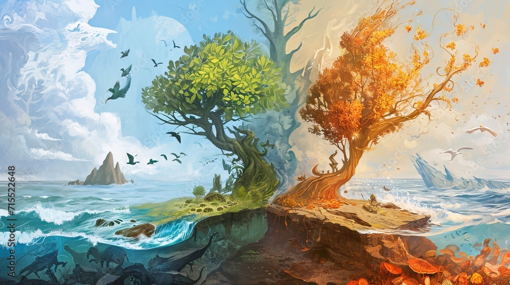 Elemental Harmony: A Vibrant Illustration of a World Where Earth, Water ...