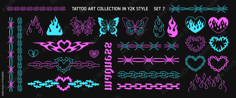 Neon Y2k Tattoo art stickers in 90s - 00s style. Butterfly, barbed wire ...