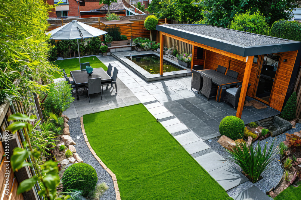 high view of a back garden with artificial grass, grey paving slab ...