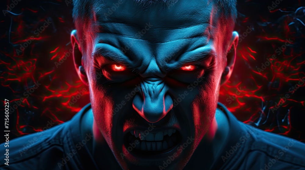 Portrait of a crazy villain with red eyes on a futuristic background ...