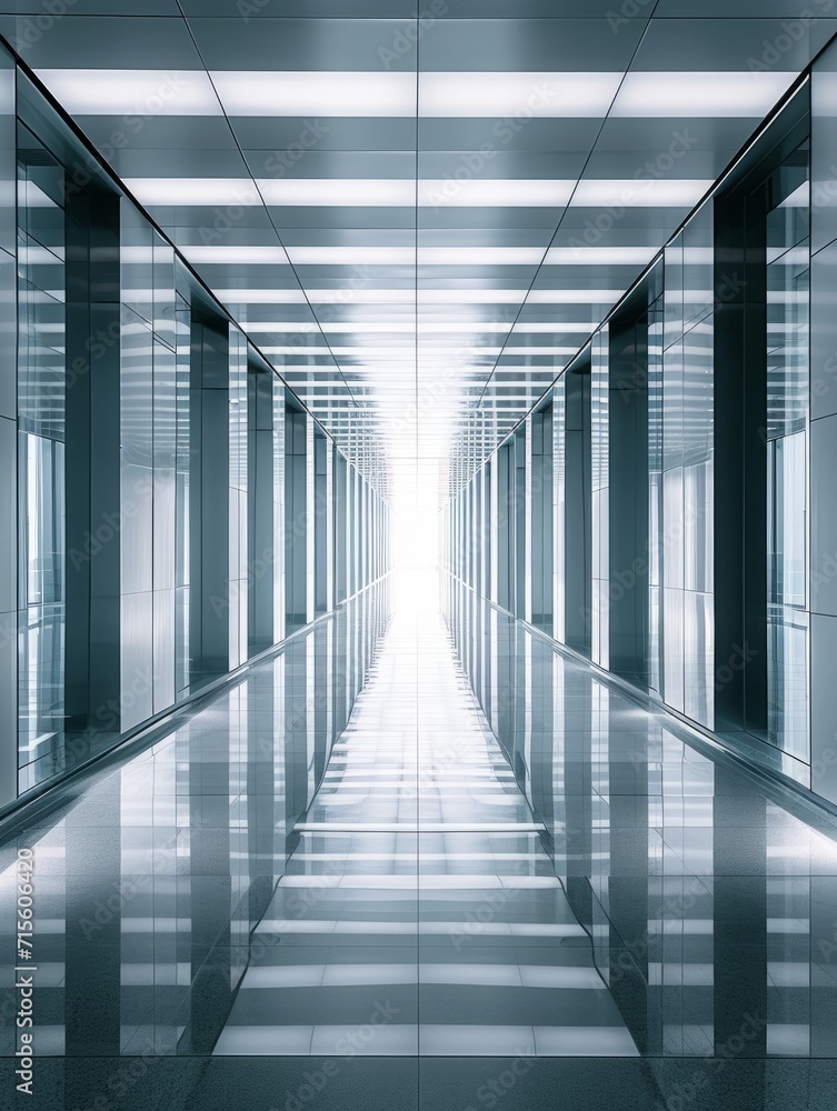 Long corridor in modern office building with glowing lights. A modern ...