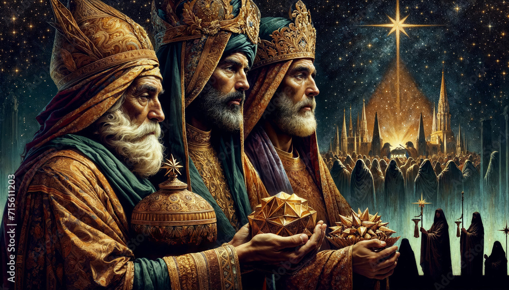 Three Wise Men in traditional attire, holding their gifts of gold ...