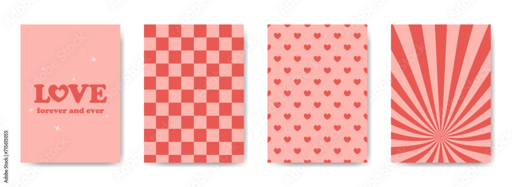 Groovy valentines day backgrounds in retro style set. Greeting card and ...