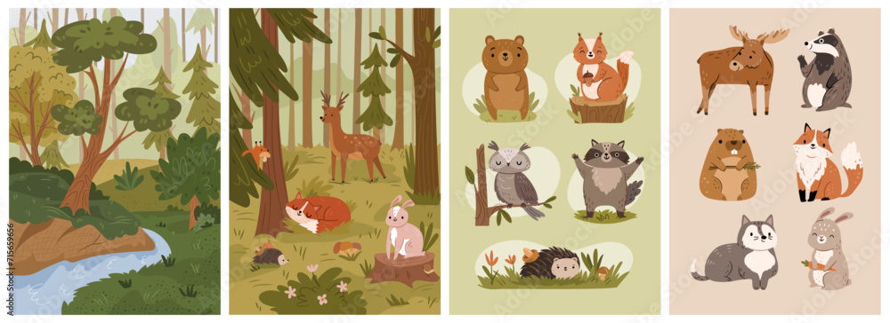 Cute forest animals dear and fox, raccoon and beaver, owl and rabbit ...