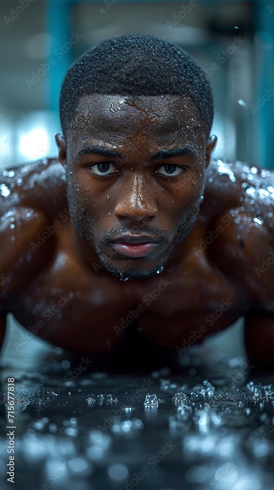 A muscular African-American athlete doing push-ups on gym floor. Black ...