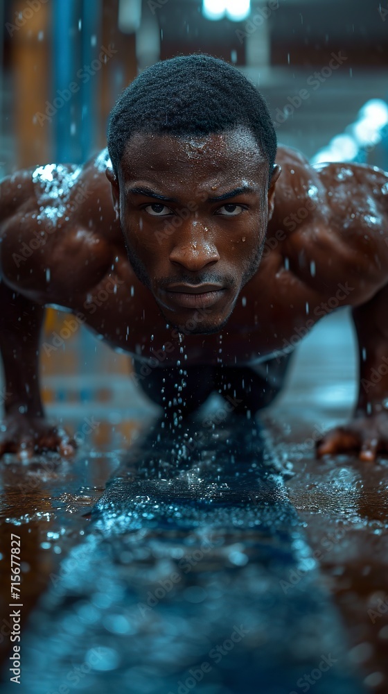 A muscular African-American athlete doing push-ups on gym floor. Black ...